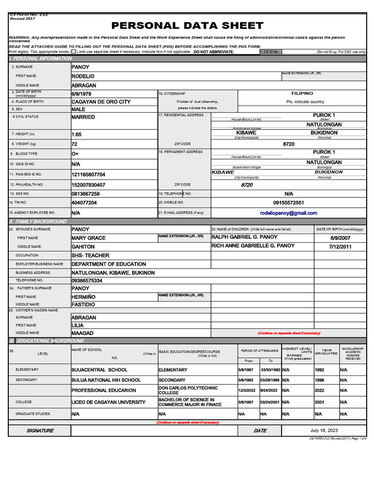 CS Form No. 212 Personal Data Sheet Revised RODELIO PANOY 1 | PDF ...