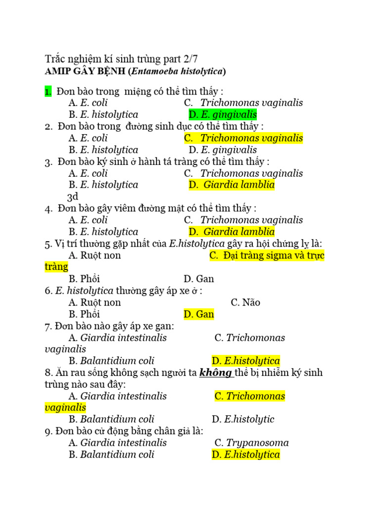 trắc nghiệm amip | PDF