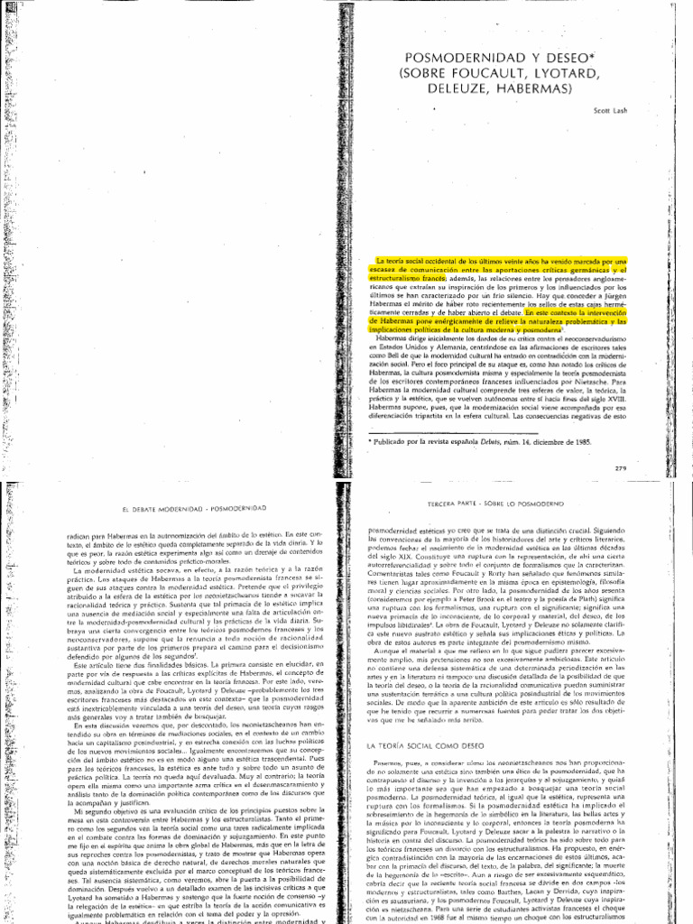 SCOTT LASH Posmodernidad y Deseo (Sobre Foucault, Lyotard, Deleuze ...