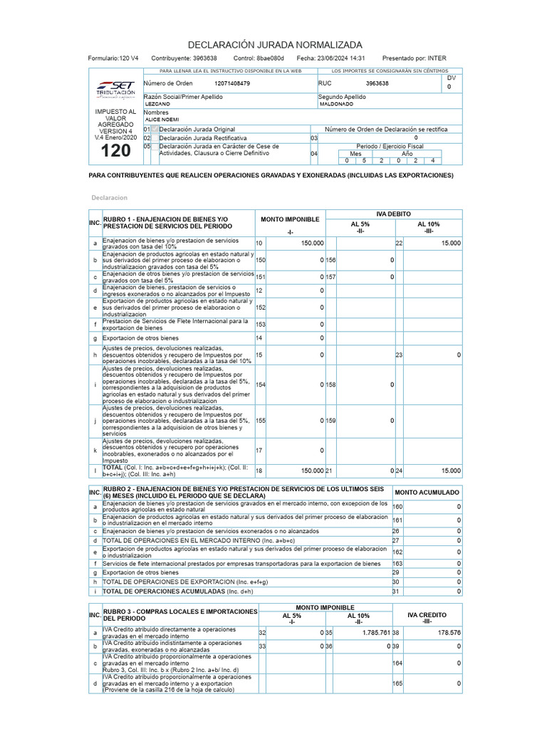 Declaración Jurada IVA Formulario 120 V4 | PDF | Impuesto al valor ...