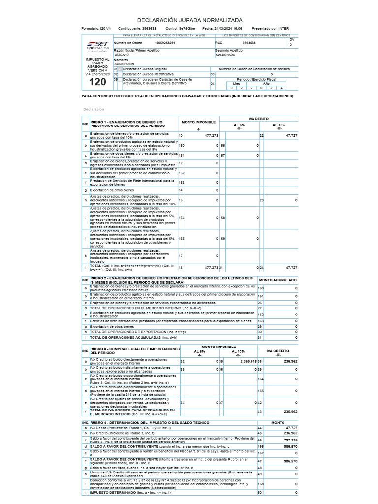 Declaración Jurada IVA Formulario 120 V4 | PDF | Impuesto al valor ...