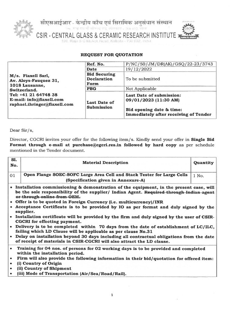 CGCRI SOEC SOFC Test System Tender | PDF