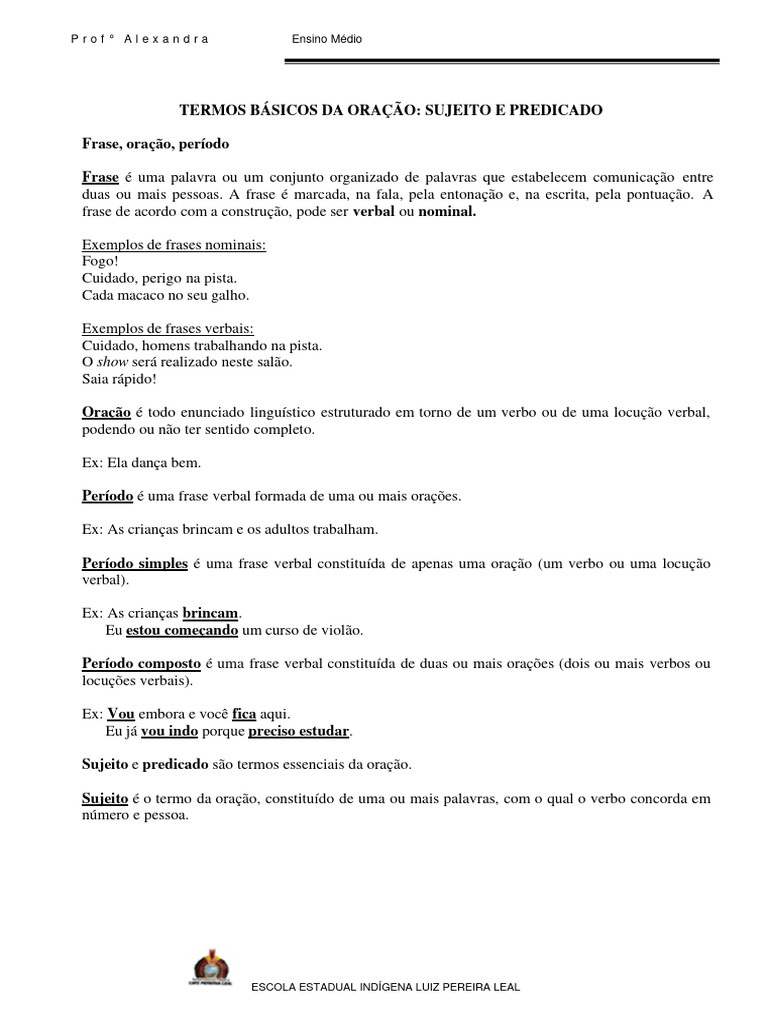 Sujeito e Predicado | PDF | Assunto (gramática) | Predicado (gramática)