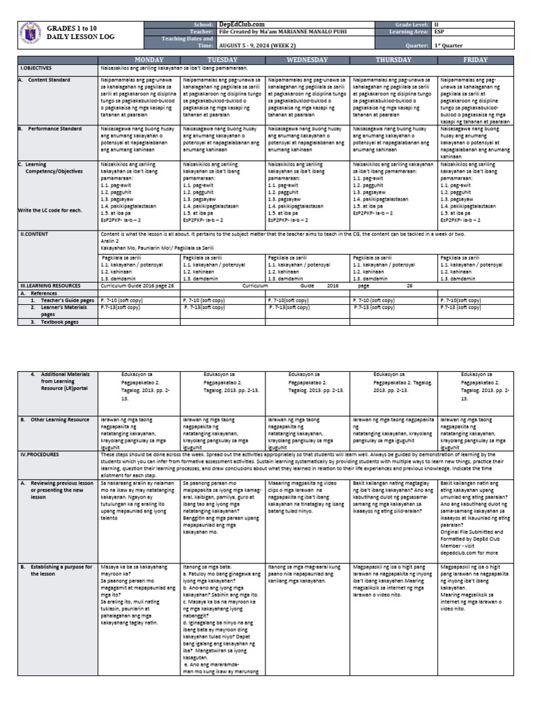 DLL - Esp 2 - Q1 - W2 | PDF