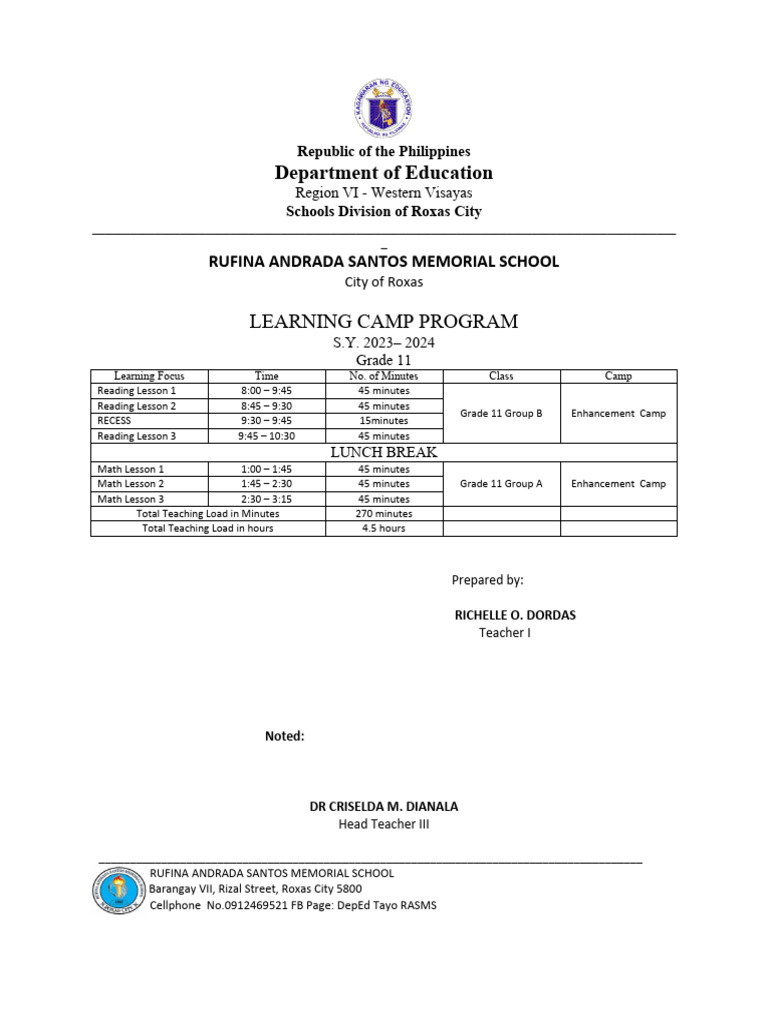 READING-CAMP-CLASS-SCHEDULE - Docx NLC | PDF | Human Communication | Cognition