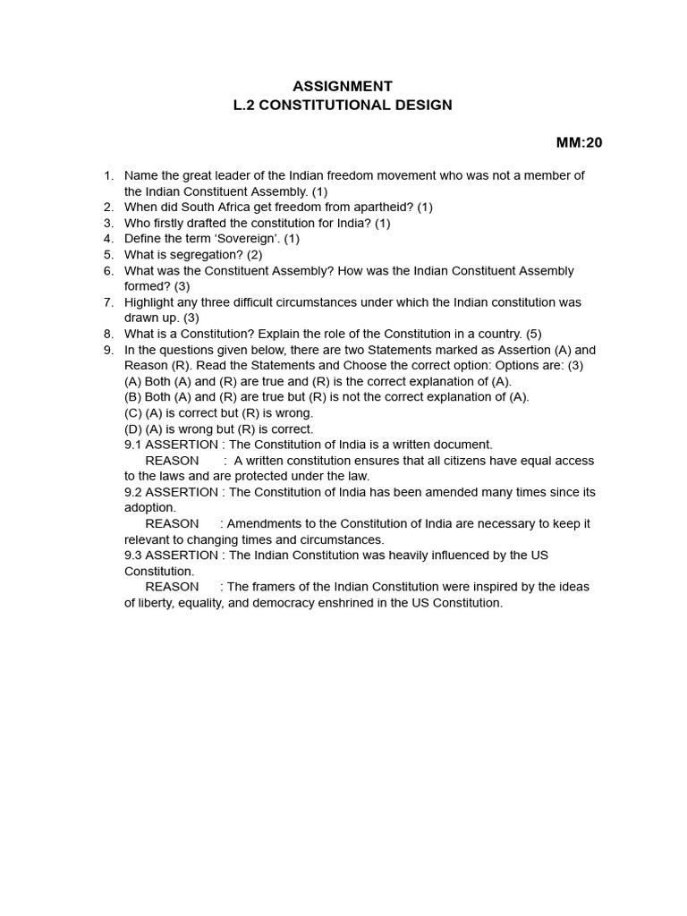 Indian Constitution Assignment Questions | PDF | Politics