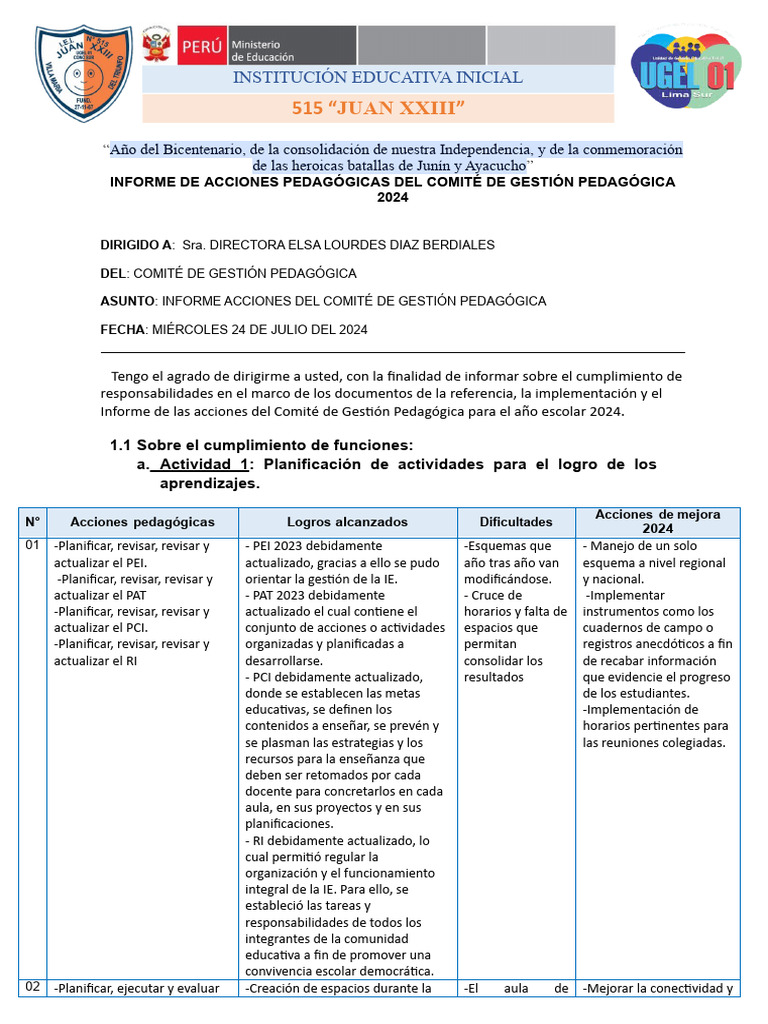 Informe Comité de Gestión Pedagógica 2024 | PDF | Maestros | Enseñando