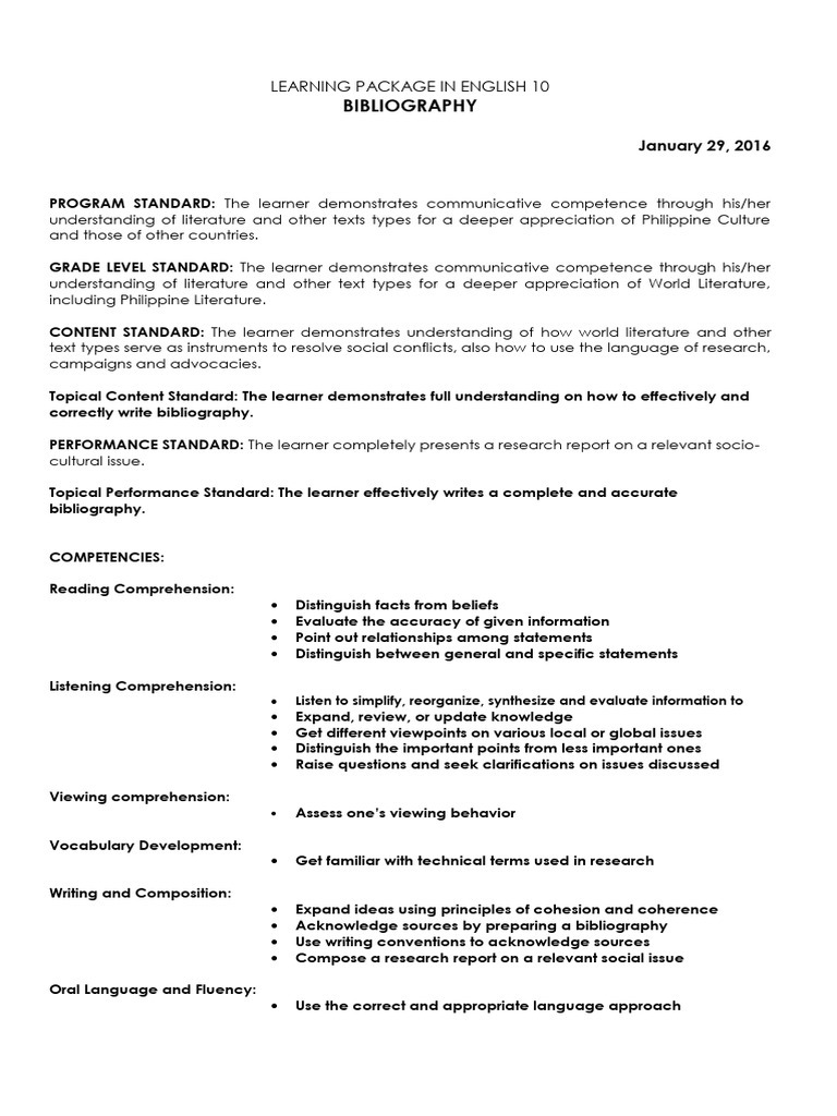 Detailed Learning Package About Bibliography Writing (Sample) | PDF ...