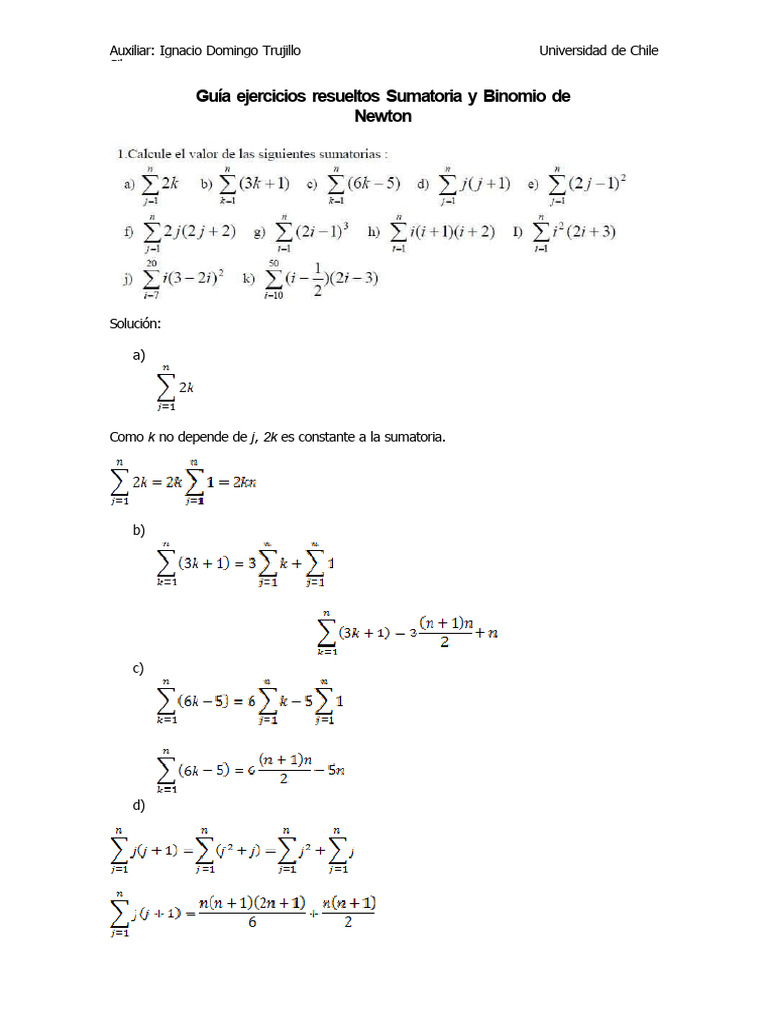 Guia 1 Ejercicios Resueltos Sumatoria y Binomio de Newton | PDF | Suma | Matemáticas