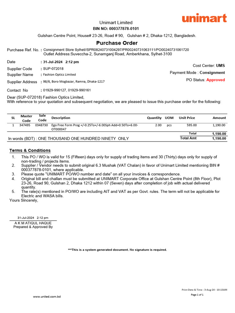 Unimart Purchase Order Details | PDF | Business