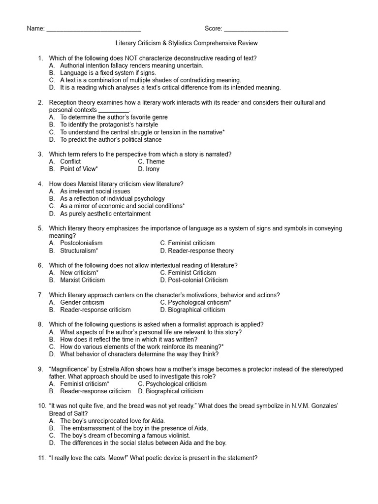 Literary Criticism Quiz | PDF | Irony | Liberal Arts Education