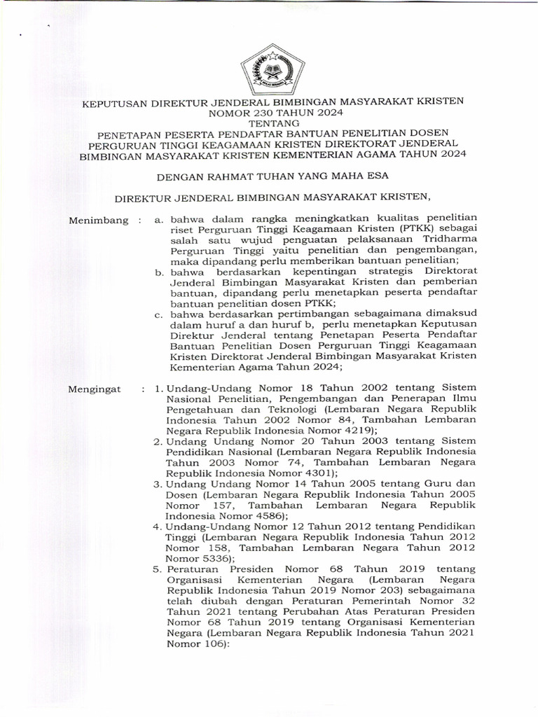 SK Nomor 230 Tahun 2024 Tentang Penetapan Peserta Pendaftar Bantuan Penelitian Dosen PTKK Ditjen ...