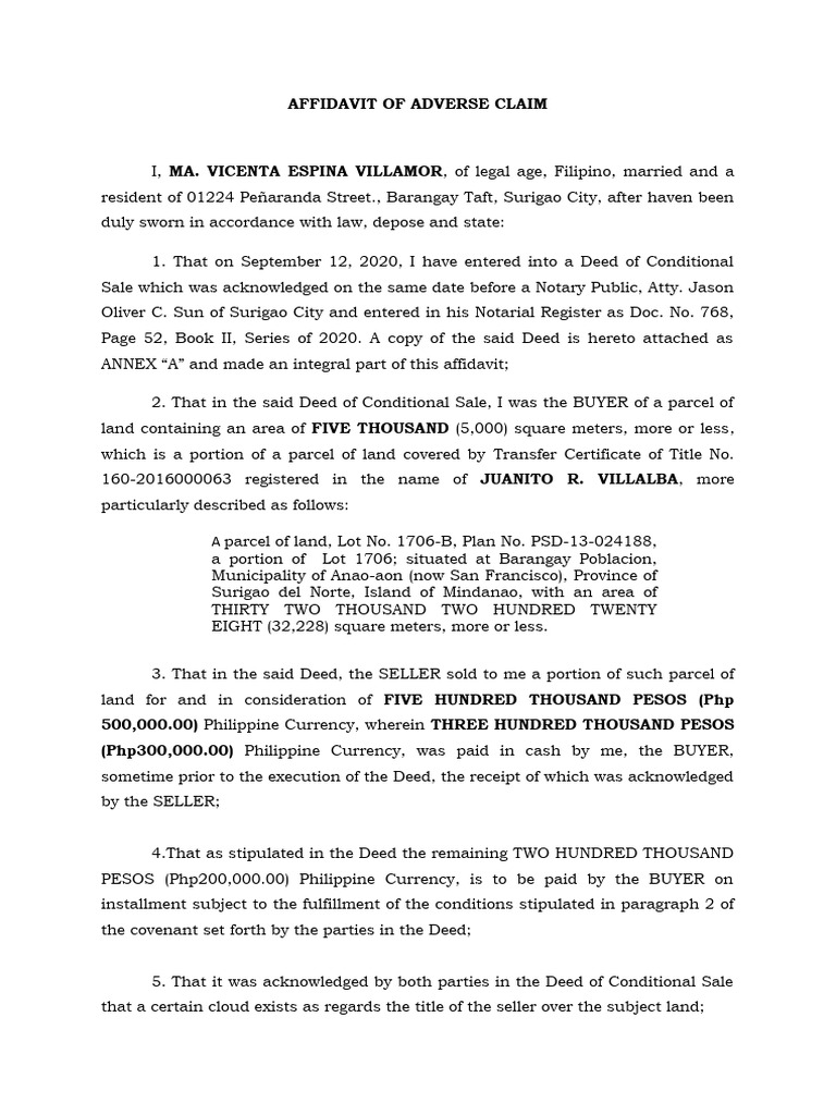 Affidavit of Adverse Claim | PDF | Procurement | Deed