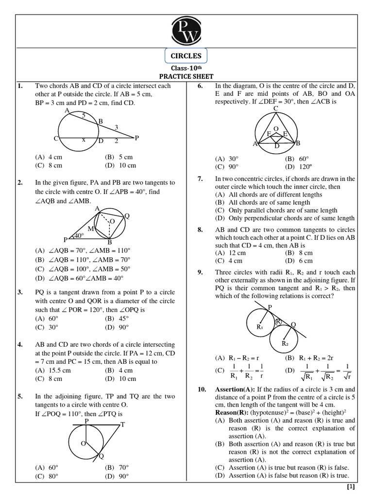 Practice Sheet-Circle 10th | PDF | Circle | Perpendicular