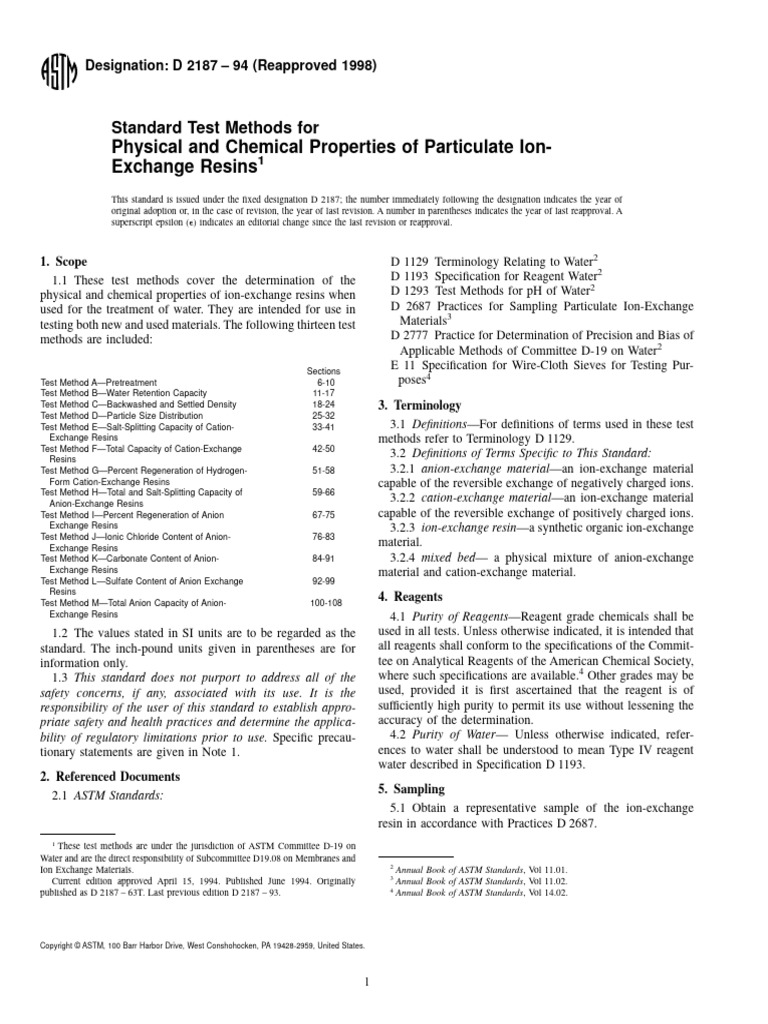 Astm-D2187 Total Capacity | PDF | Ion Exchange | Chemistry