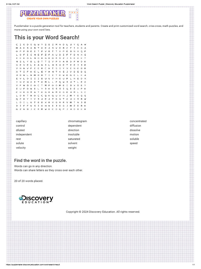 Word Search Puzzle - Discovery Education Puzzlemaker | PDF