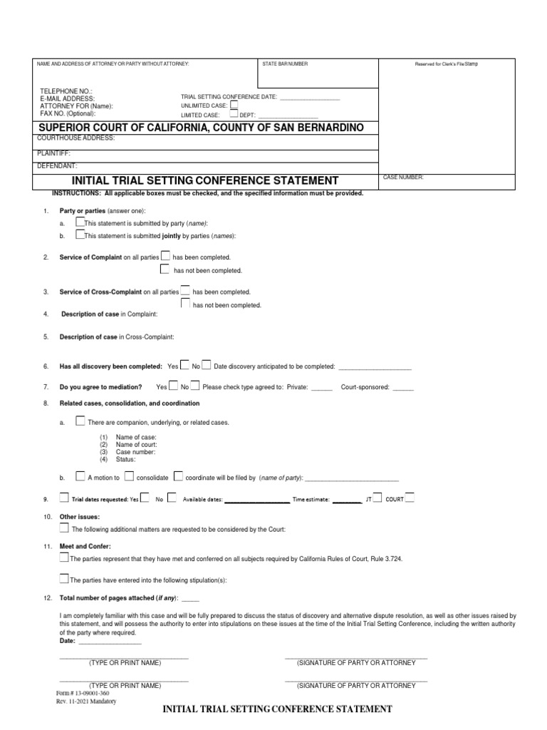 Initial Trial Setting Conference Form | PDF | Complaint | Discovery (Law)