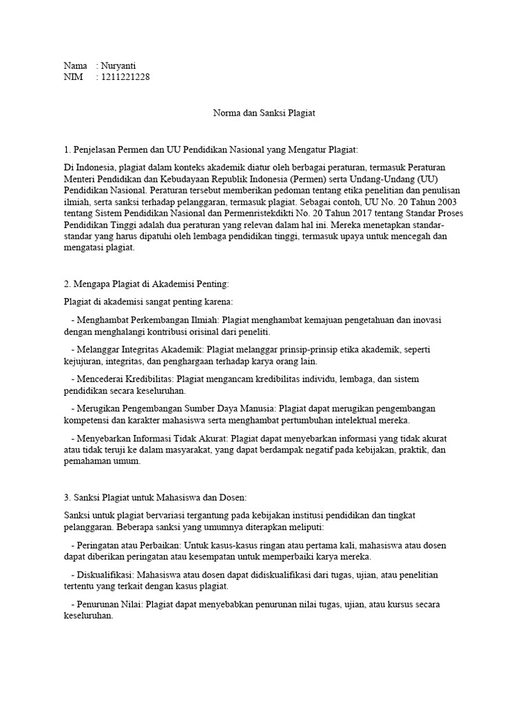 Nuryanti - 1211221228 - Norma Dan Sanksi Plagiat | PDF