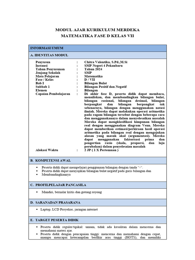 Modul Ajar Bab 1 Bilangan Bulat | PDF