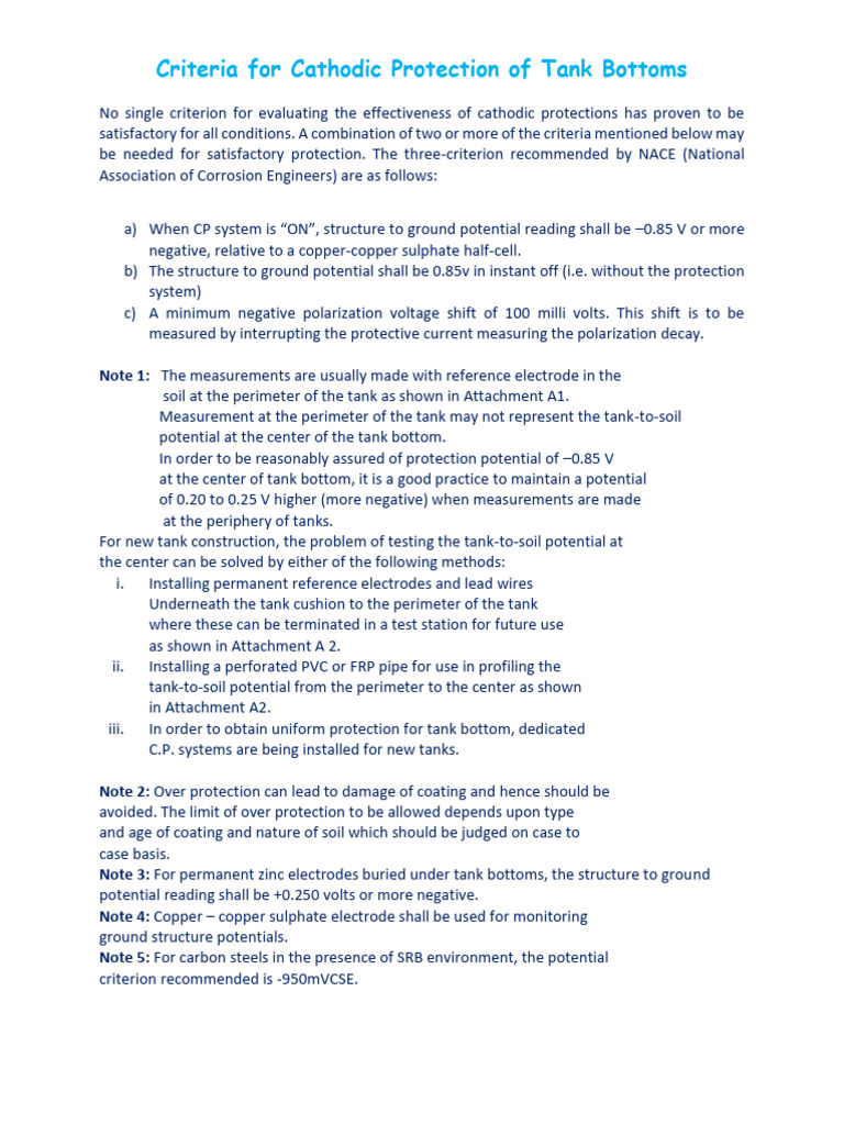 Criteria For Cathodic Protection of Tank Bottoms. | PDF | Physical ...
