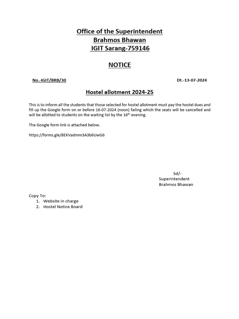 Notice Regarding Hostel Allotment in Brahmos Bhawan 1720935185 (1) | PDF