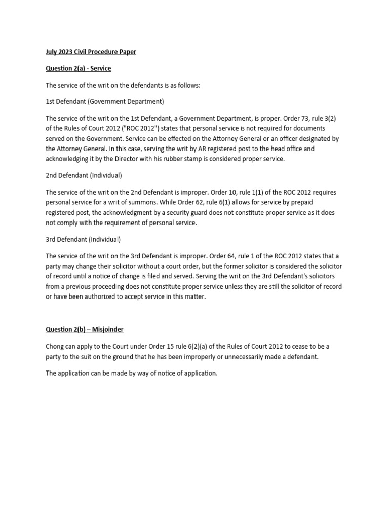 July 2023 Civil Procedure Paper Sample Answer | PDF | Lawsuit | Ex Parte