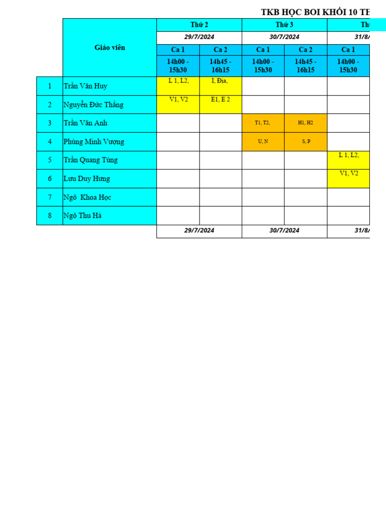 TKB - HỌC BOI KHỐI 10 TỪ - 29 07 2024. 1 | PDF