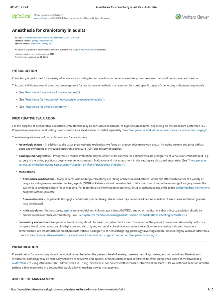 Anesthesia For Craniotomy in Adults - UpToDate | PDF | Anesthesia | Traumatic Brain Injury