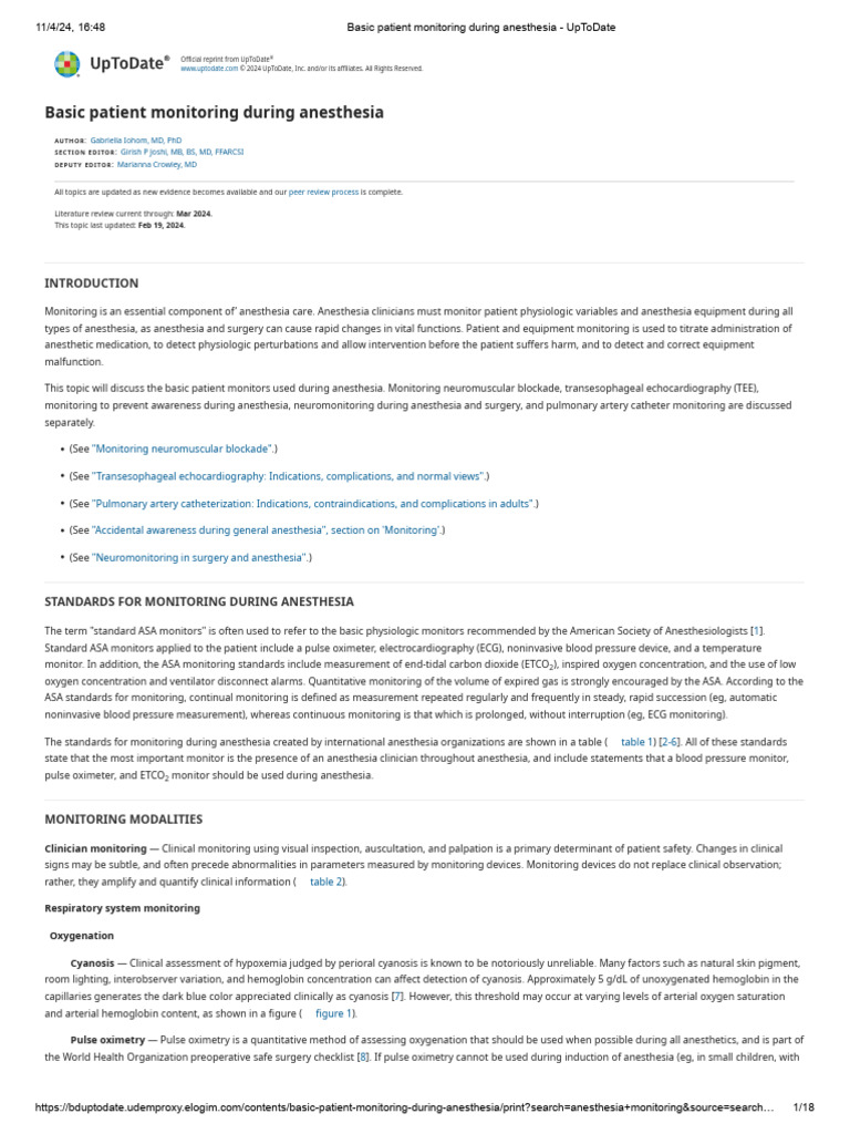 Basic Patient Monitoring During Anesthesia - UpToDate | PDF | Blood ...