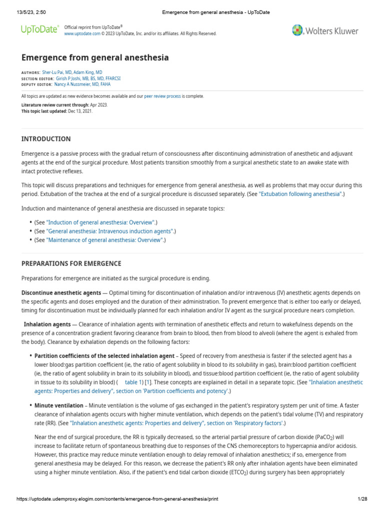 Emergence From General Anesthesia - UpToDate | PDF | Anesthesia ...
