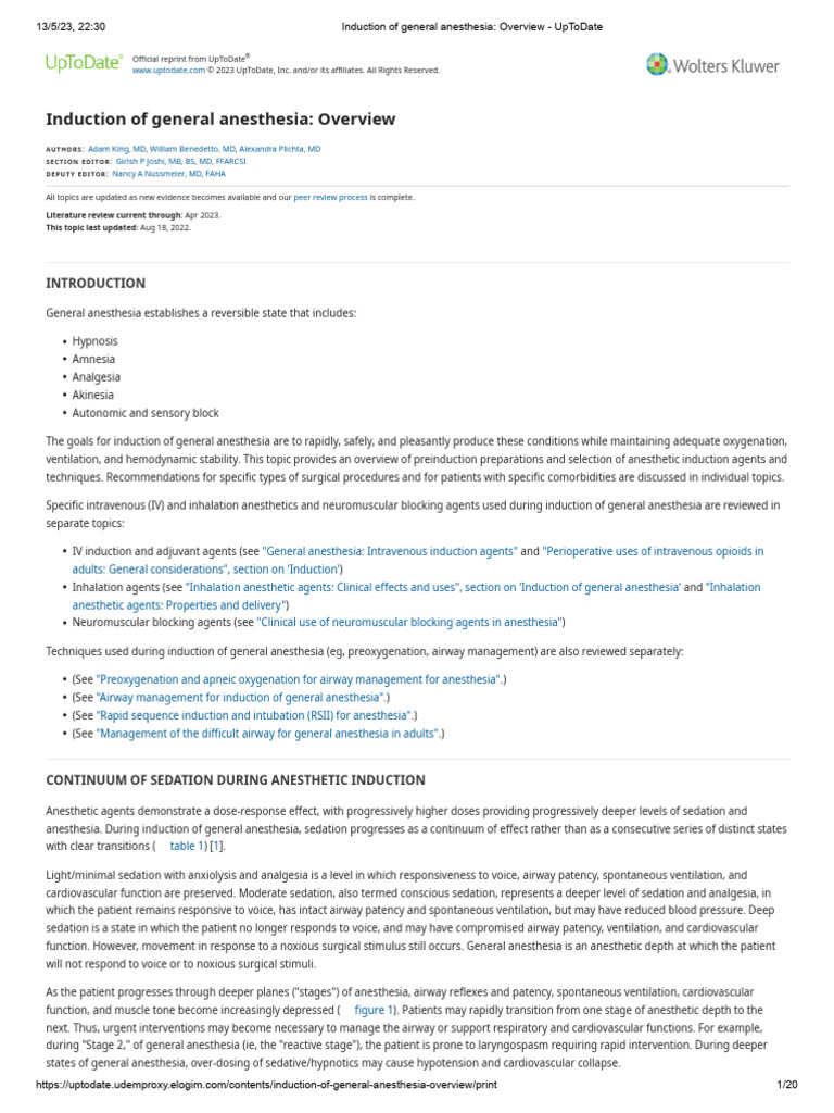 Induction of General Anesthesia - Overview - UpToDate | PDF | Anesthesia | Surgery
