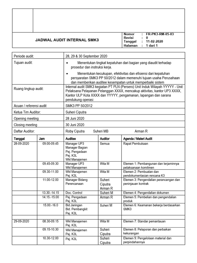 Jadwal Audit Internal SMK3 (Contoh) | PDF