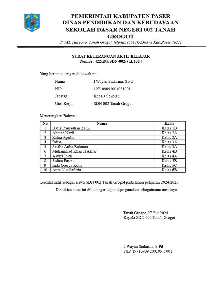 Surat Keterangan Aktif Belajar (Fop) 2 | PDF
