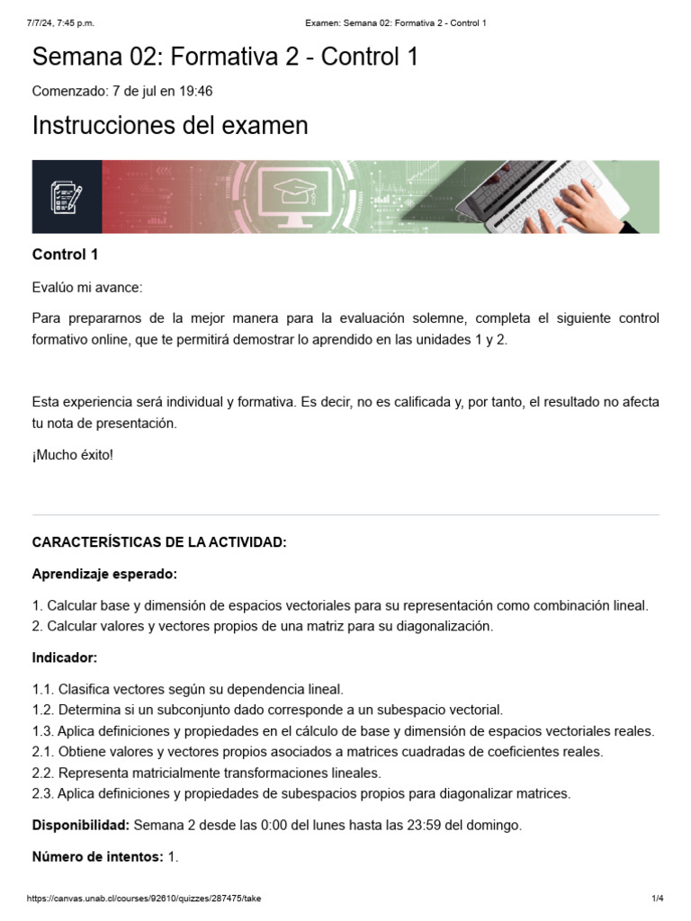 Examen - Semana 02 - Formativa 2 - Control 1 | PDF | Base (álgebra lineal) | Espacio vectorial