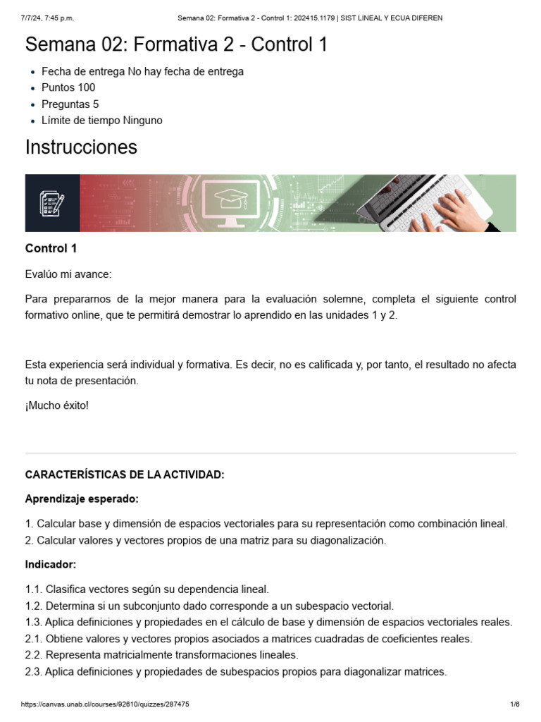 Semana 02_ Formativa 2 - Control 1_ 202415.1179 _ SIST LINEAL Y ECUA DIFEREN | PDF | Valores ...