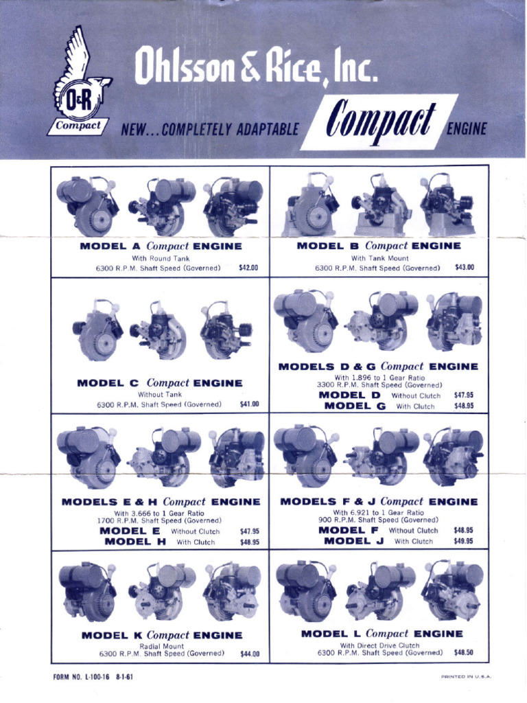 Ohlsson & Rice Compact Engines Price List Aug 61 Operation Instructions ...