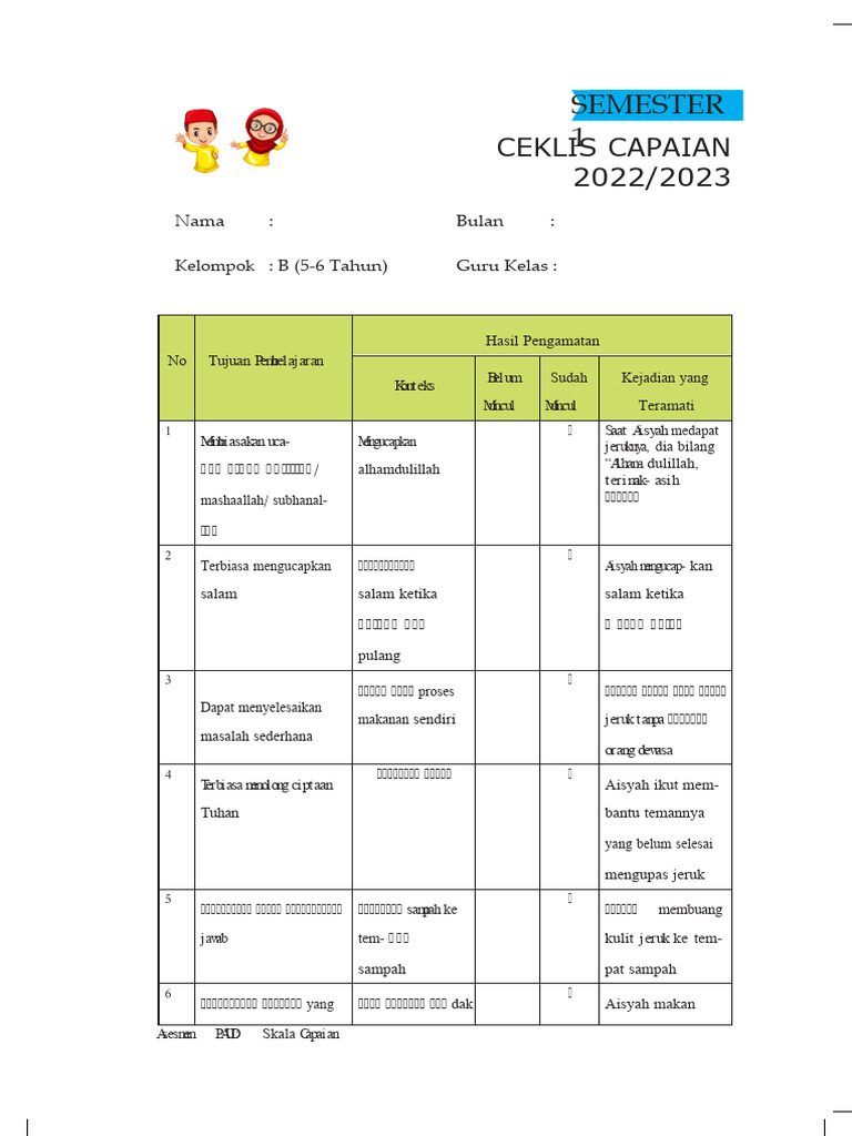 Ceklis Skala Capaian Paud | PDF