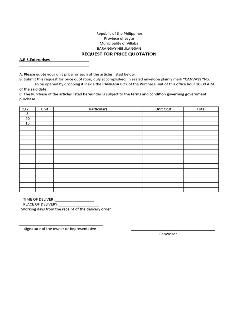 Barangay Price Quotation Request Form | PDF