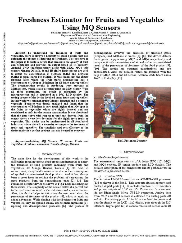 Freshness Estimator For Fruits and Vegetables Using MQ Sensors | PDF ...