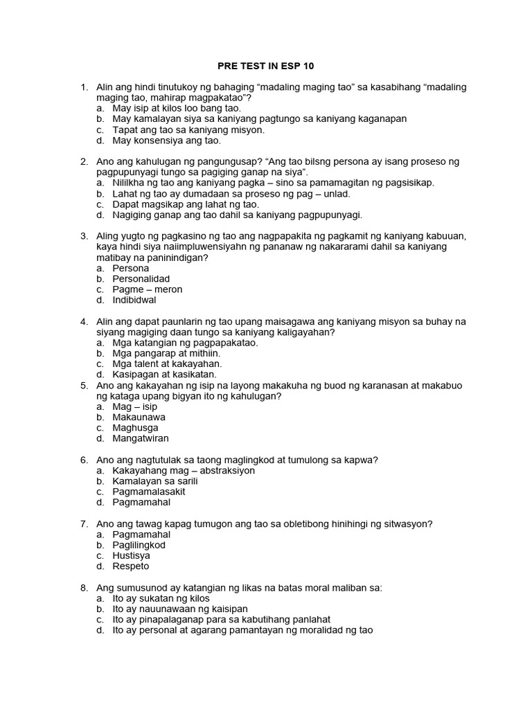 Pre Test in Esp 10 | PDF
