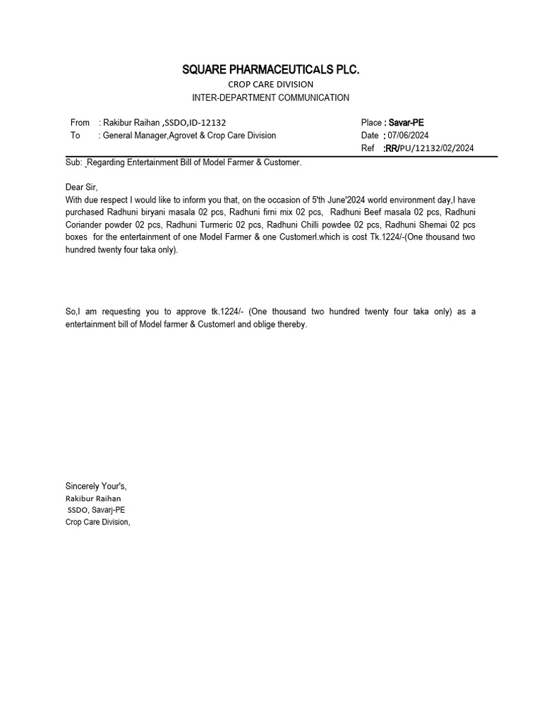 Letter of Entertainment Bill Farmer & Customer | PDF