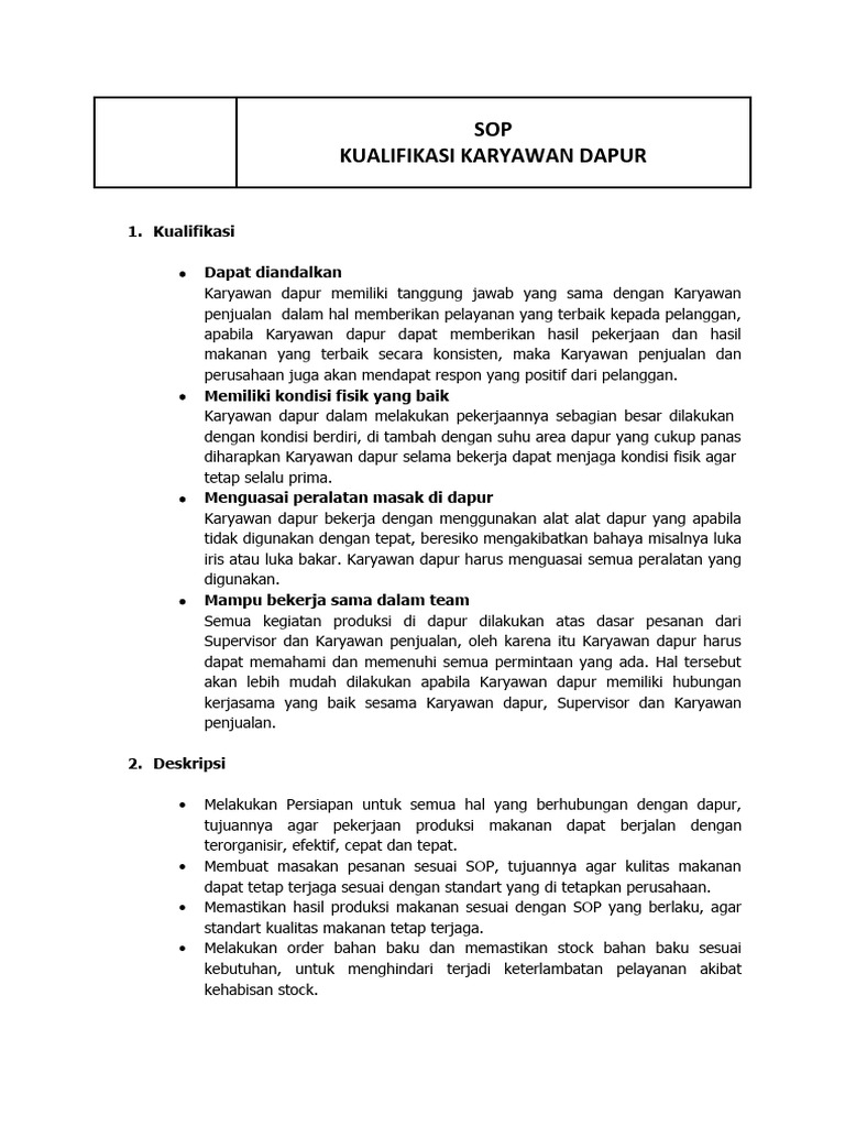 Sop - Kualifikasi Dan Deskripsi Karyawan Dapur | PDF | Kesehatan Holistik