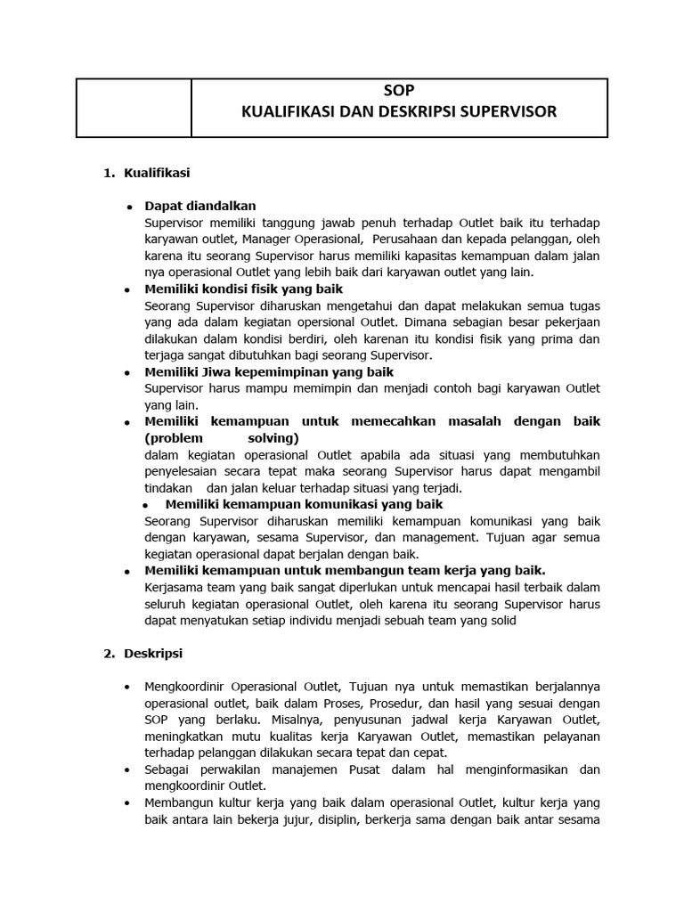 Sop - Kualifikasi Dan Deskripsi Supervisor | PDF | Karier & Perkembangan | Bisnis