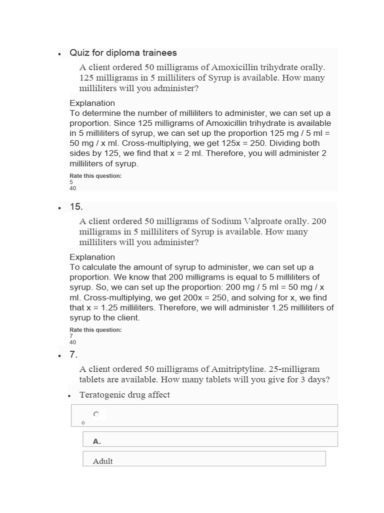 Medication Dosage Calculation Quiz | PDF | Tablet (Pharmacy) | Pharmacology