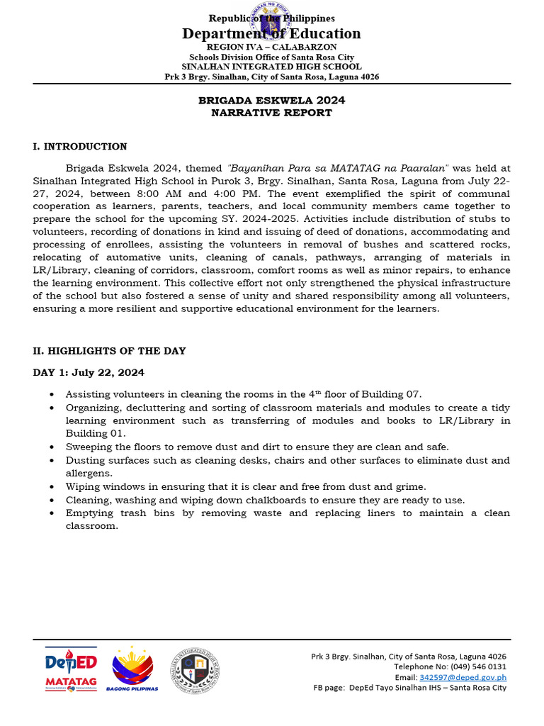 BE_Narrative Report_JMR | PDF | Classroom