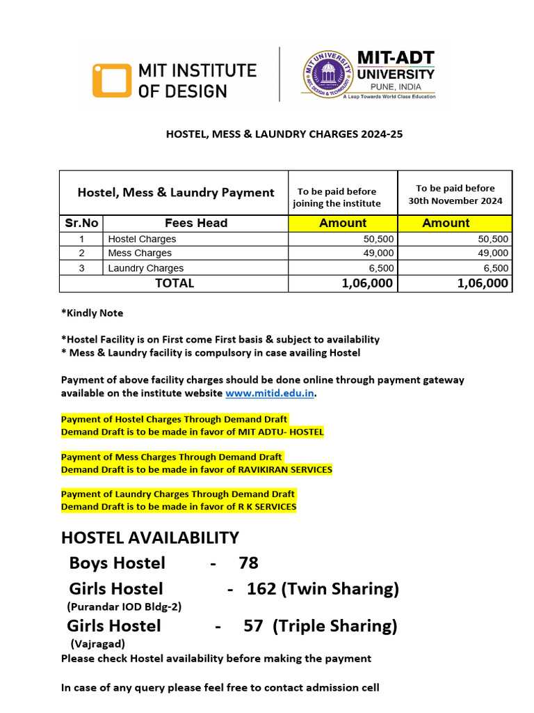 MIT Hostel-Mess-And-Laundry-A-Y-2024-25 | PDF