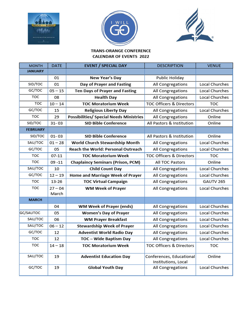 Approved TOC Calendar of Events 2022 | PDF | Protestant Denominational ...