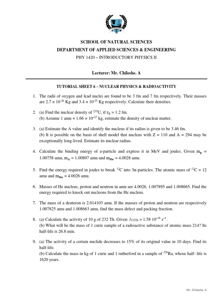 Tutorial Sheet 6 - Nuclear Physics & Ra Ioactivity | PDF | Radioactive ...