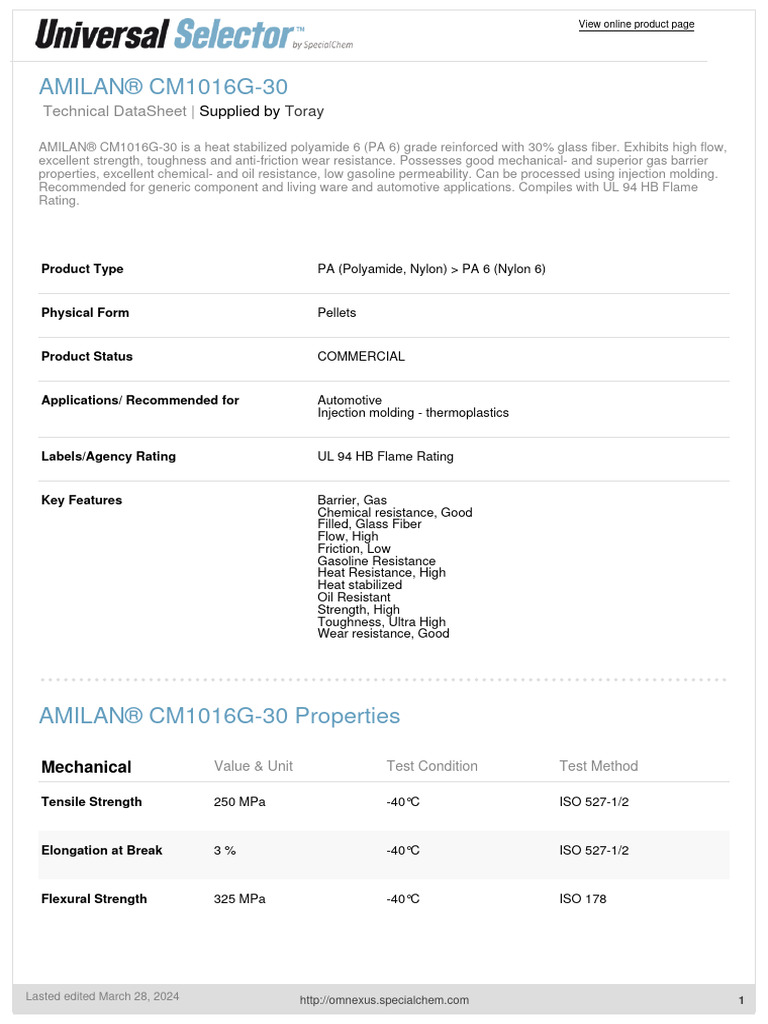 AMILAN® CM1016G-30 - Toray | PDF | Nylon | Strength Of Materials