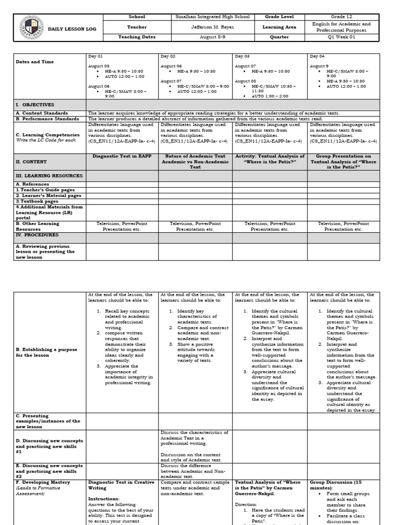 EAPP - Week 01 | PDF | Learning | Essays